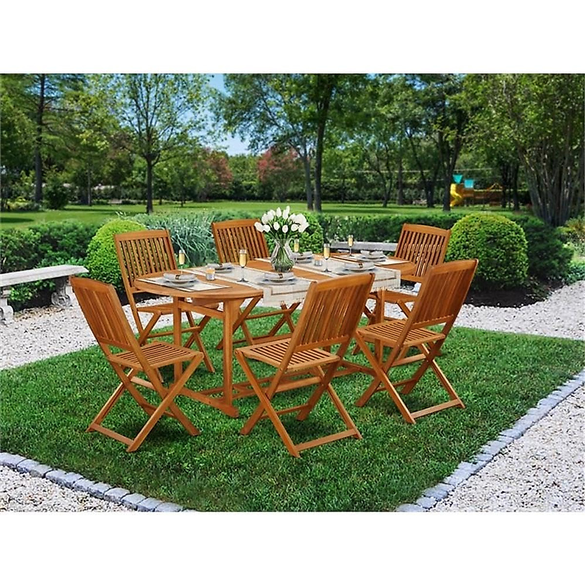 East West Furniture BSCM7CWNA Beasley 7 Piece Patio Dining Set Consist of an Oval Outdoor Acacia Wood Table and 6 Folding Side Chairs, 36x78 Inch