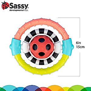 Sassy Spin and Chew Flex Ring Rattle with Dual Action Spinners, for Ages 0+ Months