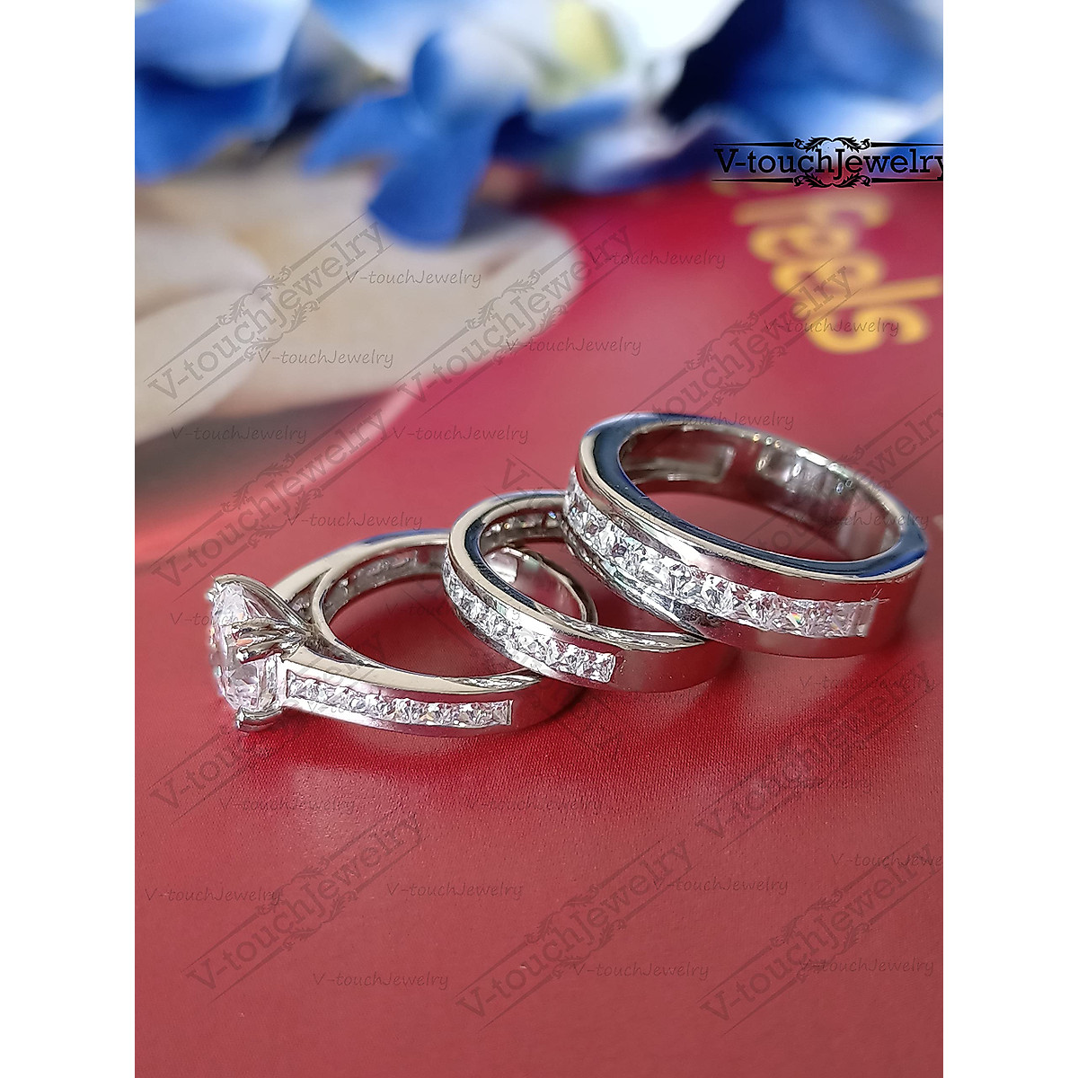 V Touch 14K White Gold Plated 925 Sterling Sliver 3 Piece Wedding His Engagement & Her Band Rings Sets Cushion & Princess Cut Created Diamond for Couple Mens and Women Trio Ring Set