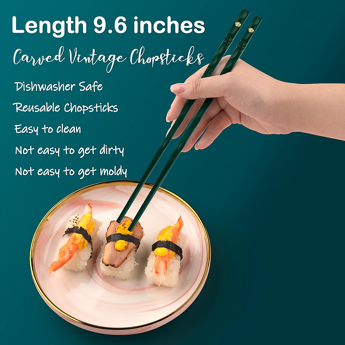 HELERKOL 5 Pairs Fiberglass Multicolor Dark Color Chopsticks Carved Gold Glitter Patch Chopsticks Reusable Non-Slip Lightweight Chinese Japanese Korean Chopsticks Dishwasher Safe, 9.6 Inch long