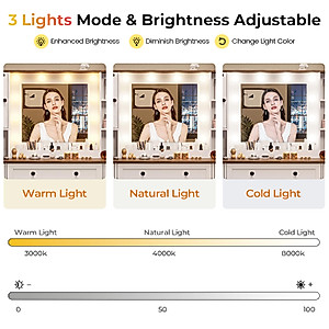 DICTAC Makeup Vanity Desk with Mirror and Lights, Farmhouse Vanity Table with Charging Station, 43'' Bedroom Dressing Table with 6 Drawers & 2 Cabinets, 3 Color Lighting Modes, White