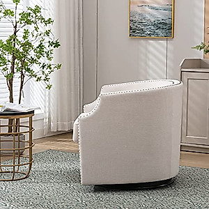 Swivel Glider Nursery Chair Rocker- Comfy Rocking Chair for Baby Nursery Mid Century Modern Accent Barrel Chairs for Living Room Curved Arm Chair with Nailhead Round Club Chair for Bedroom Beige