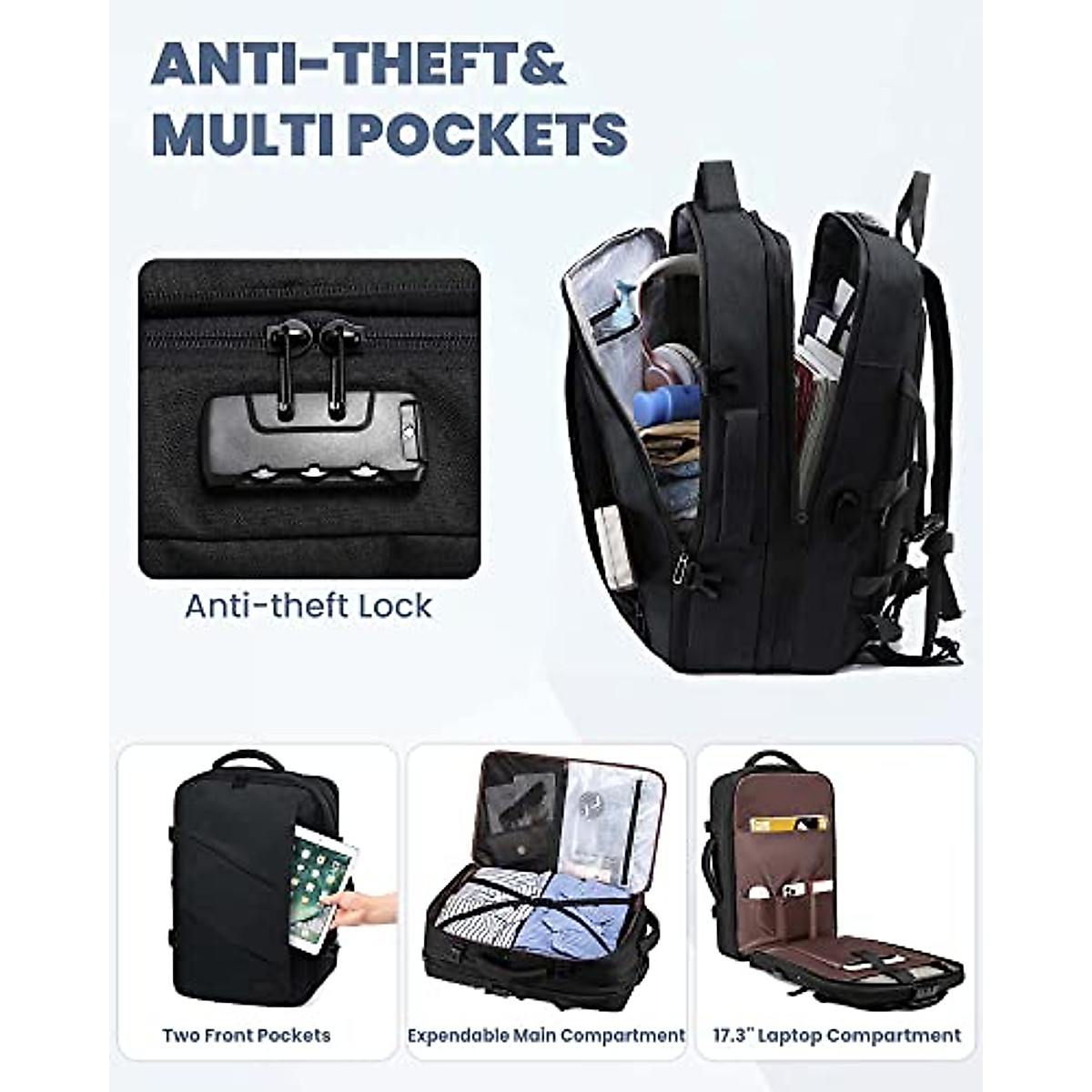 LOVEVOOK Carry on Backpack, Extra Large 35-50L Expandable Travel Backpack Airline Approved, Anti-Theft Waterproof Backpack for Travel, 18 Inch Laptop Backpack with USB Port for Men & Women