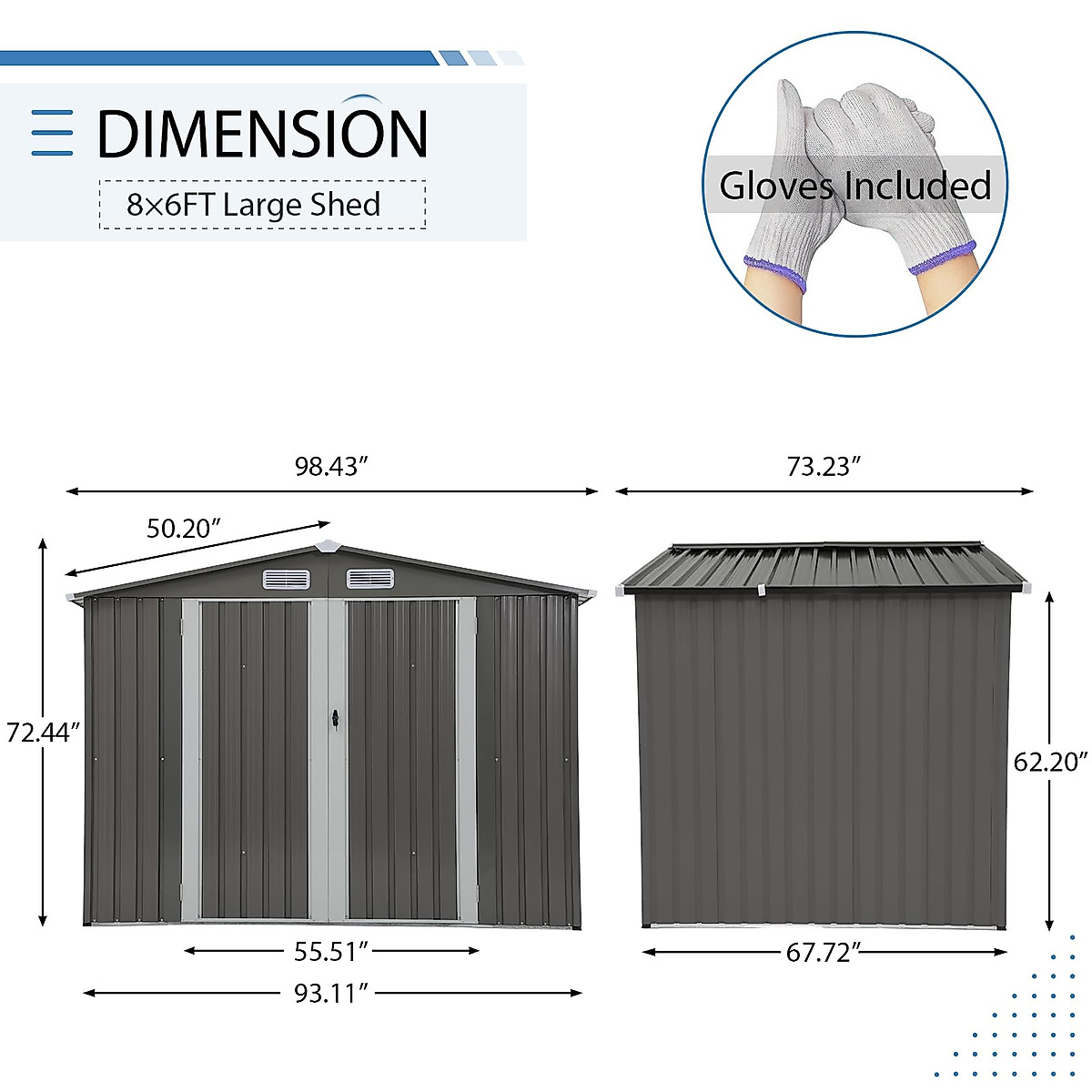 Verano Garden 8x6 FT Outdoor Storage Shed, Galvanized Steel Metal Garden Shed, Double Door W/Lock, Outdoor Storage Tool House for Backyard, Patio, Lawn