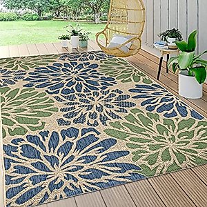 JONATHAN Y SMB110B-8 Zinnia Modern Floral Textured Weave Indoor Outdoor Area-Rug Bohemian Coastal Easy-Cleaning Bedroom Kitchen Backyard Patio Non Shedding, 8 X 10, Navy/Green