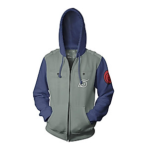 Ripple Junction Naruto Shippuden Men's Full Zip Up Hooded Sweatshirt Kakashi Hatake Anime Zippered Fleece Hoodie Olive Medium