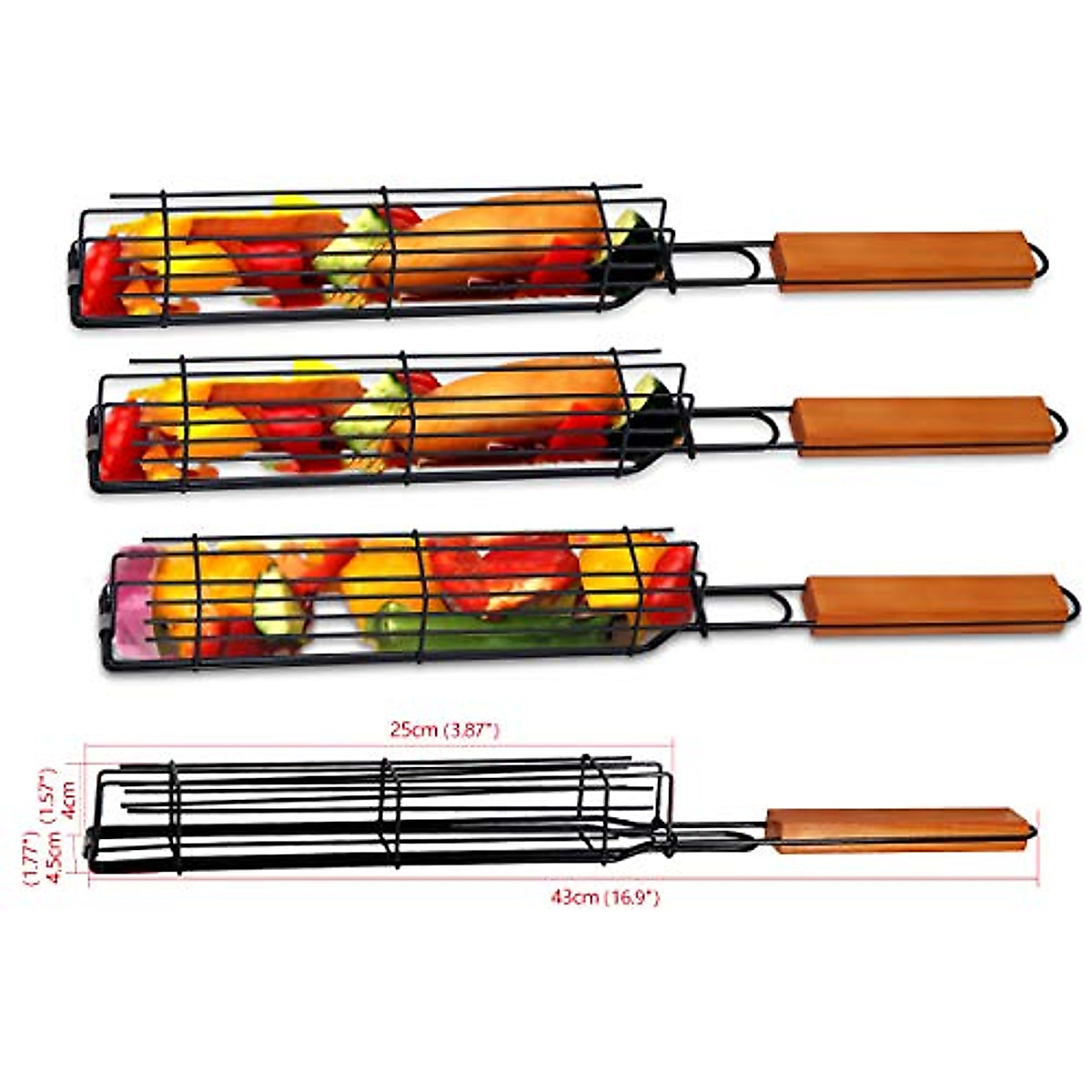 JUCT Portable Grilling Baskets - Set of 4 Companion Nonstick Kabob Grilling Baskets for Outdoor Grill - Kabobs and Loose Veggies，fruits，Vegetable，Onion，Fish，Chicken and Meat Grill Baskets (Basket-4B)