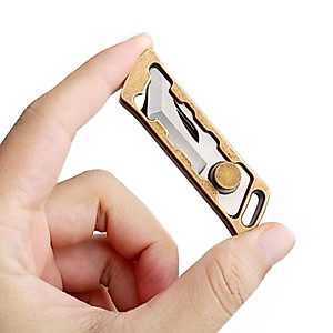 TENCHILON TK26 Mini Retractable Utility Box Cutter Keychain Knife, 1.2 inches D2 Tanto Blades, 2.6 inches Tumbled Skeletonized Brass Handles, Small Pocket EDC Cutting Tool Knives