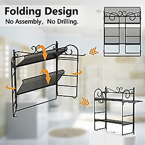 EKNITEY Flolding Over Toilet Storage - No Assembly Bathroom Organizer Shelf Above Toilet Storage Rack with Hooks and Paper Holder 2 Tier Black