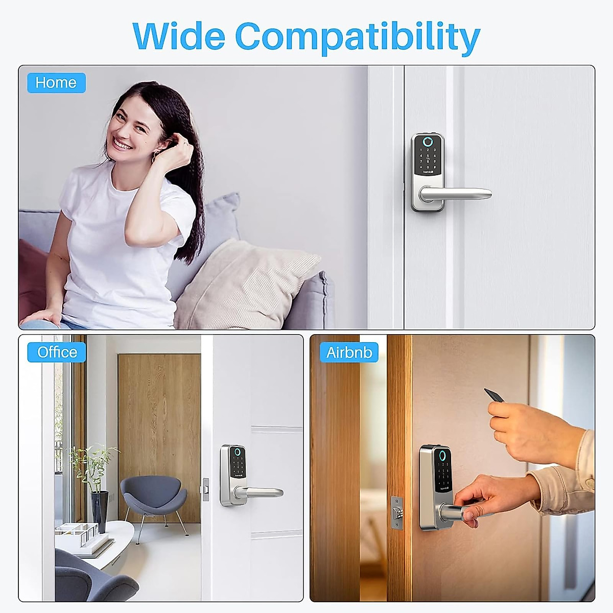 Fingerprint Door Locks with Handle, Hornbill Smart Keyless Entry Locks with Touchscreen Keypad,Bluetooth Front Door Lock, Electronic Digital Deadbolt with Reversible Handle, Free App, Fobs, Code