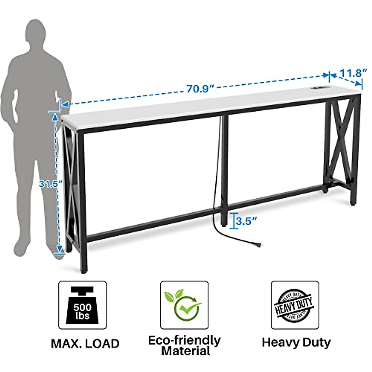 Aquzee Console Table with 2 Power Outlet and 2 USB Ports, 70.9" x 11.8" x 31.5" Steel Frame Narrow Behind Couch Sofa Table, Extra Long White Entryway Table
