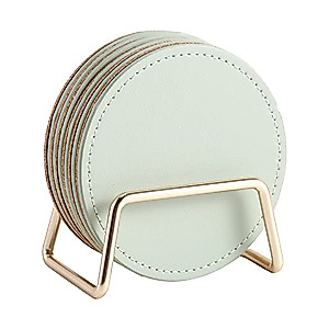 CASEGRACE Drink Coasters with Metal Holder Stand Set of 6, PU Leather Absorbent Coasters with Cork Base Table Coaster Set Decorative Coffee Cup Coasters Housewarming Gift for Home Decor