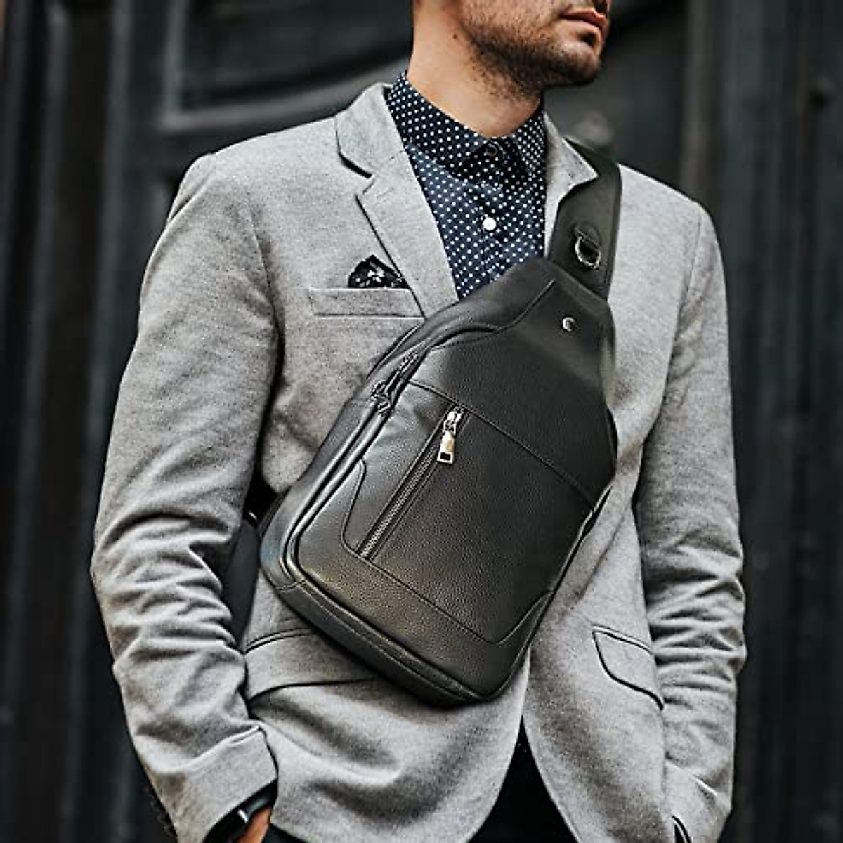 Polare Cowhide Leather Waterproof Casual Daypack Sling Shoulder Chest Crossbody Bag For Men