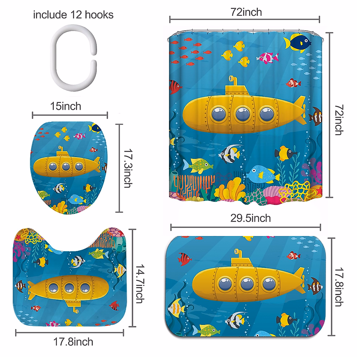 Blue Submarine Shower Curtain Sets with Rugs, Toilet Lid Cover and Bath Mat, Tropical Ocean Nautical Underwater World Bathroom Curtain Waterproof Polyester Fabric wtih Hooks 4PCS