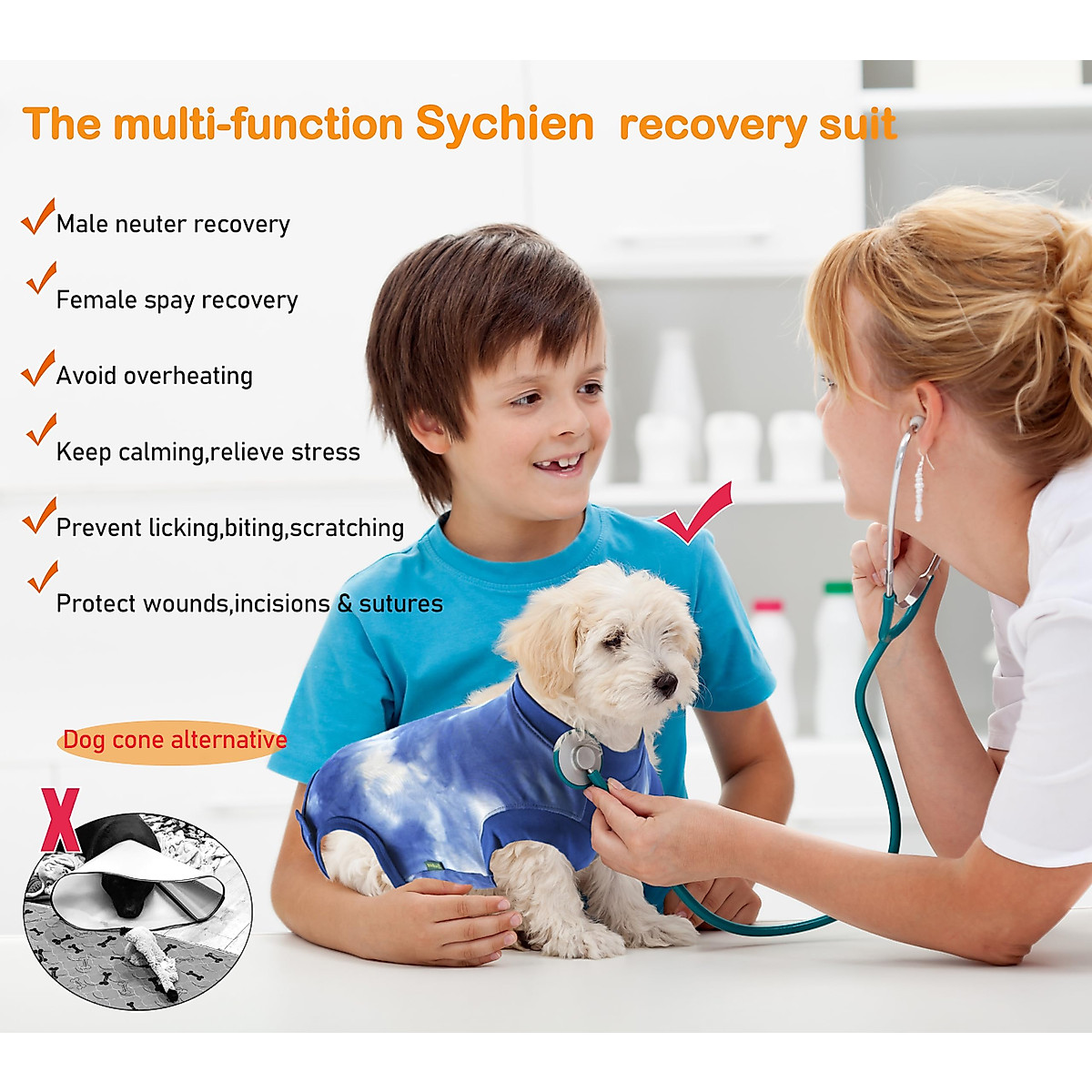 Sychien Dog Surgery Recovery Suit,Male Neuter Recovery Small Onesie Female Spay Cone Alternative Recovery Suit,Hoop & Loop Comfortable Surgical Bodysuit,Tie Dye Blue S