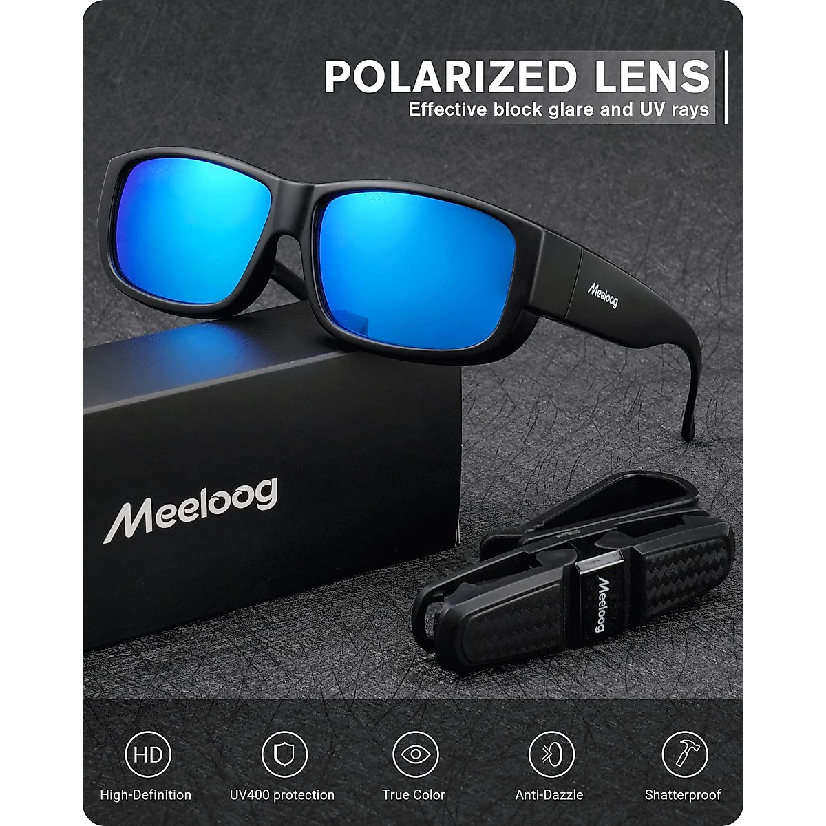 Meeloog Polarized Fit Over Glasses Sunglasses For Men, Rectangle Wrap Around Sun Glasses for Driving Riding Fishing MST0006 (P1 Black Frame/Blue Mirrored Lens)