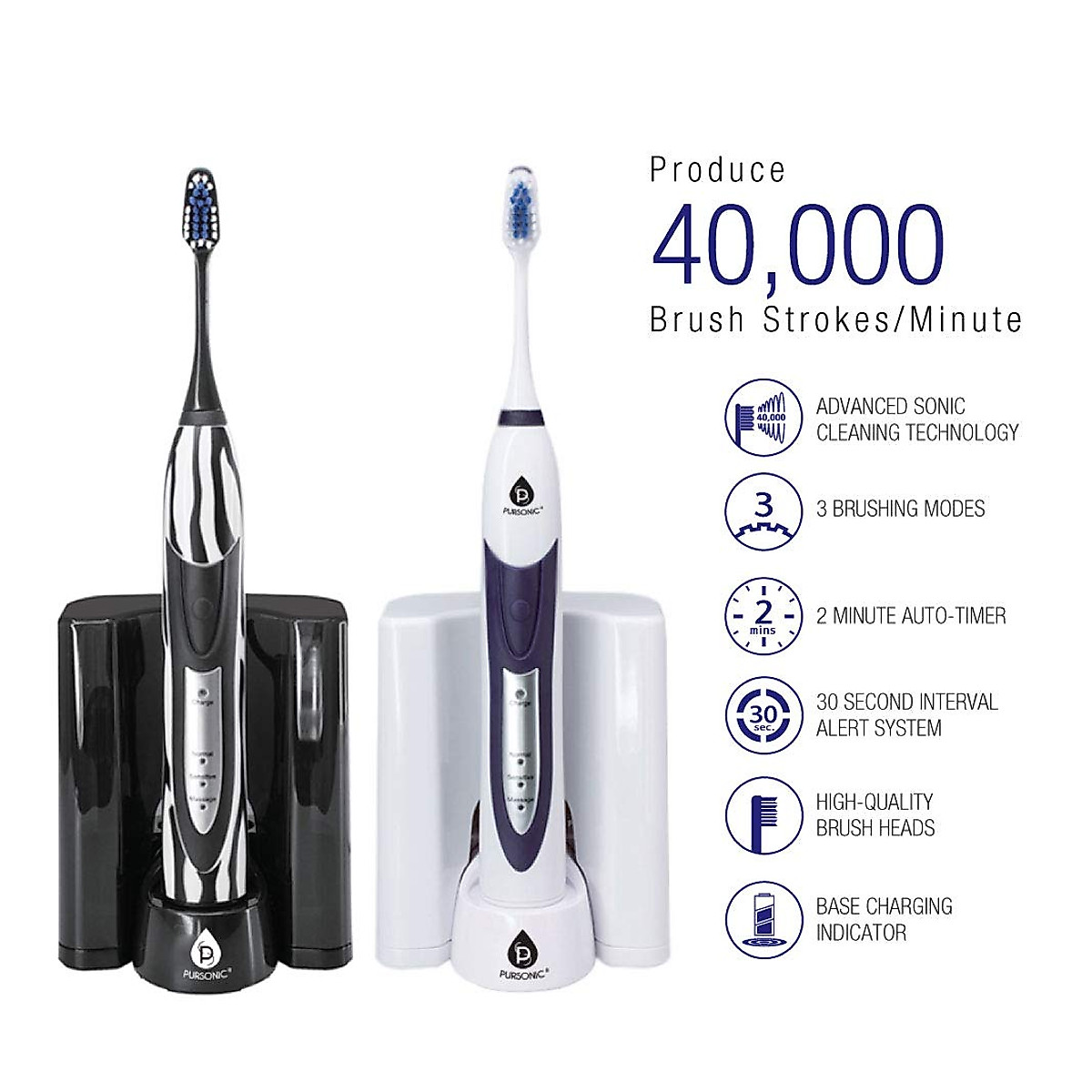 PURSONIC S520 Black Ultra High Powered Sonic Electric Toothbrush with Dock Charger, 12 Brush Heads & More! (Value Pack)
