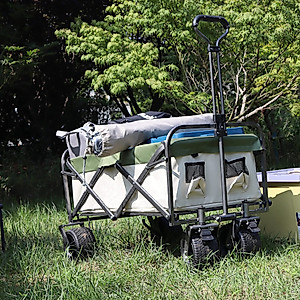 FRANSOUL Collapsible Foldable Wagon, Utility Wagon Garden Trolley Cart Adjustable Handle All-Terrain Beach Wheels & Drink Holders, for Shopping Outdoor Camping Beach Garden, Green+White