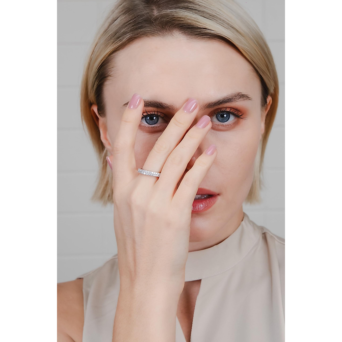 Hoops & Loops Sterling Silver Cubic Zirconia 2-row Round-cut Eternity Band Ring