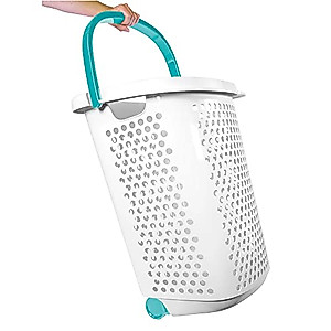 ReMoiz Wheeled Design Clothes Laundry Basket, 70.52 Liter Capacity Mind Reader Basket Collection, 2 Bushel Rolling Plastic Laundry Hamper with Pop-up Handle, White, Large