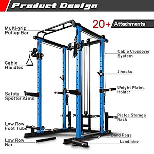RitFit Multi-Function Power Rack Cage PPC03 with Adjustable Cable Crossover System,1000LBS Capacity, Full Home Gym Workout with J-Hook, Landmine and Other Attachments-Blue