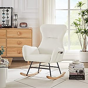 Velvet Rocking Chair for Baby Nursery, Comfy Small Rocker with 2 Pockets, Modern Upholstered Accent High Back Armchair for Living Room, Bedroom, and Office (Off White Velvet)