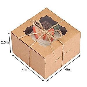 Moretoes 30 Pack Mini Cookie Boxes 4 Inch Bakery Boxes with 66ft Twine Small Brown Kraft Cake Boxes with Window for Cupcakes, Pies, Donuts（4x4x2.5 Inch）