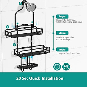 HAMITOR Hanging Shower Caddy Over Head : Adjustable Large Shower Organizer with Soap Holder - Rustproof Bathroom Shelf Shampoo Storage Rack - 4 Movable Hooks for Razor Loofah Black