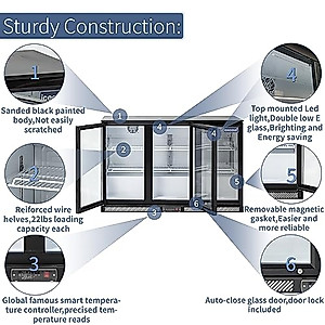ICECASA Beverage Refrigerators 3 Glass Door Back Bar Refrigerator Commericial Counter Height Refrigerator LED Lighting Merchandiser 11.7Cu.ft for Soda Beer