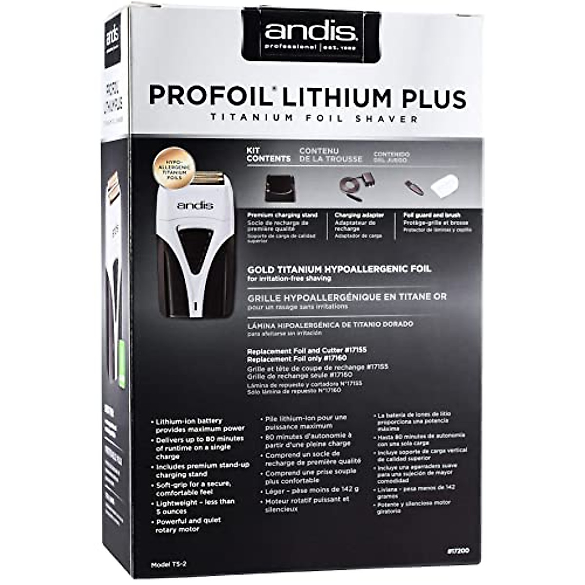 Andis ProFoil Lithium Plus Titanium Foil Shaver with Bonus Replacement Foil Assembly and Inner Cutters and a BeauWis Blade Brush