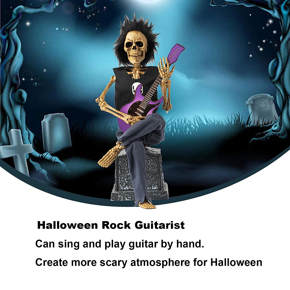 MXwcy Funny Animated Skeleton, Animated Black Crazy Rock Star Skeleton, Halloween Fall Interior Decorative Ornament, Halloween Haunted House Decoration Setting