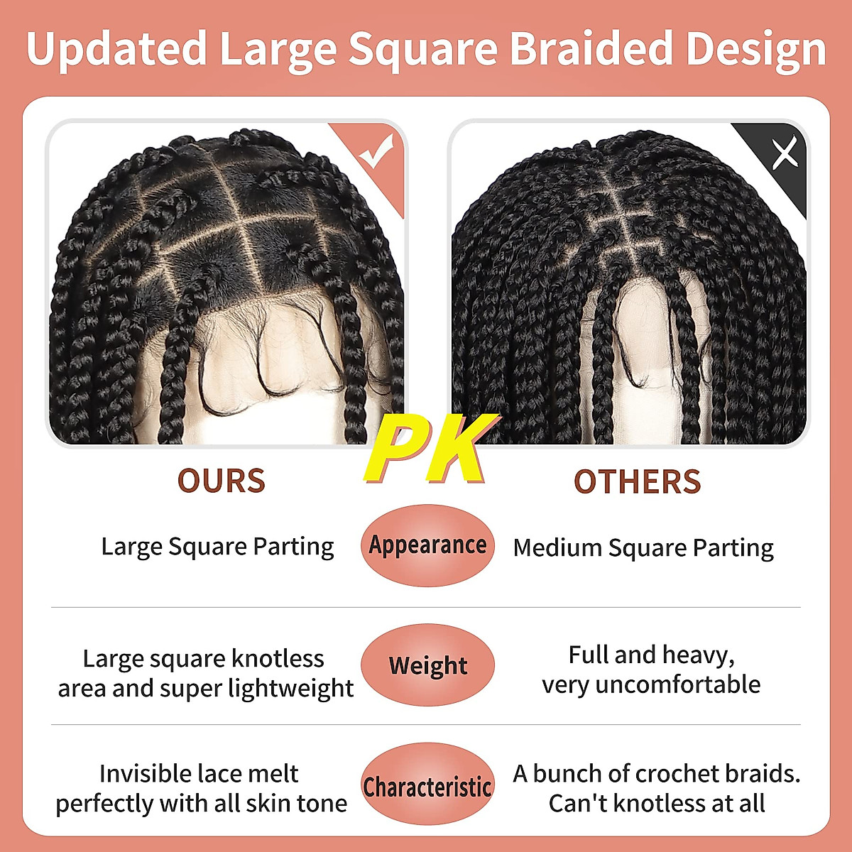 Lexqui 36" Large Knotless Braided Wigs for Women Box Braided Lace Wigs Human Hair Blended Braided Lace Front Wigs Full Double Lace Braid Wig with Baby Hair Natural Black