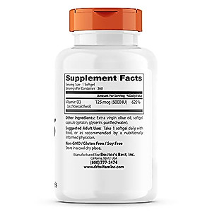 Doctor's Best Vitamin D3 5,000 IU for Healthy Bones, Teeth, Heart and Immune Support, Non-GMO, Gluten-Free, Soy Free, 360 Count (Pack of 1)