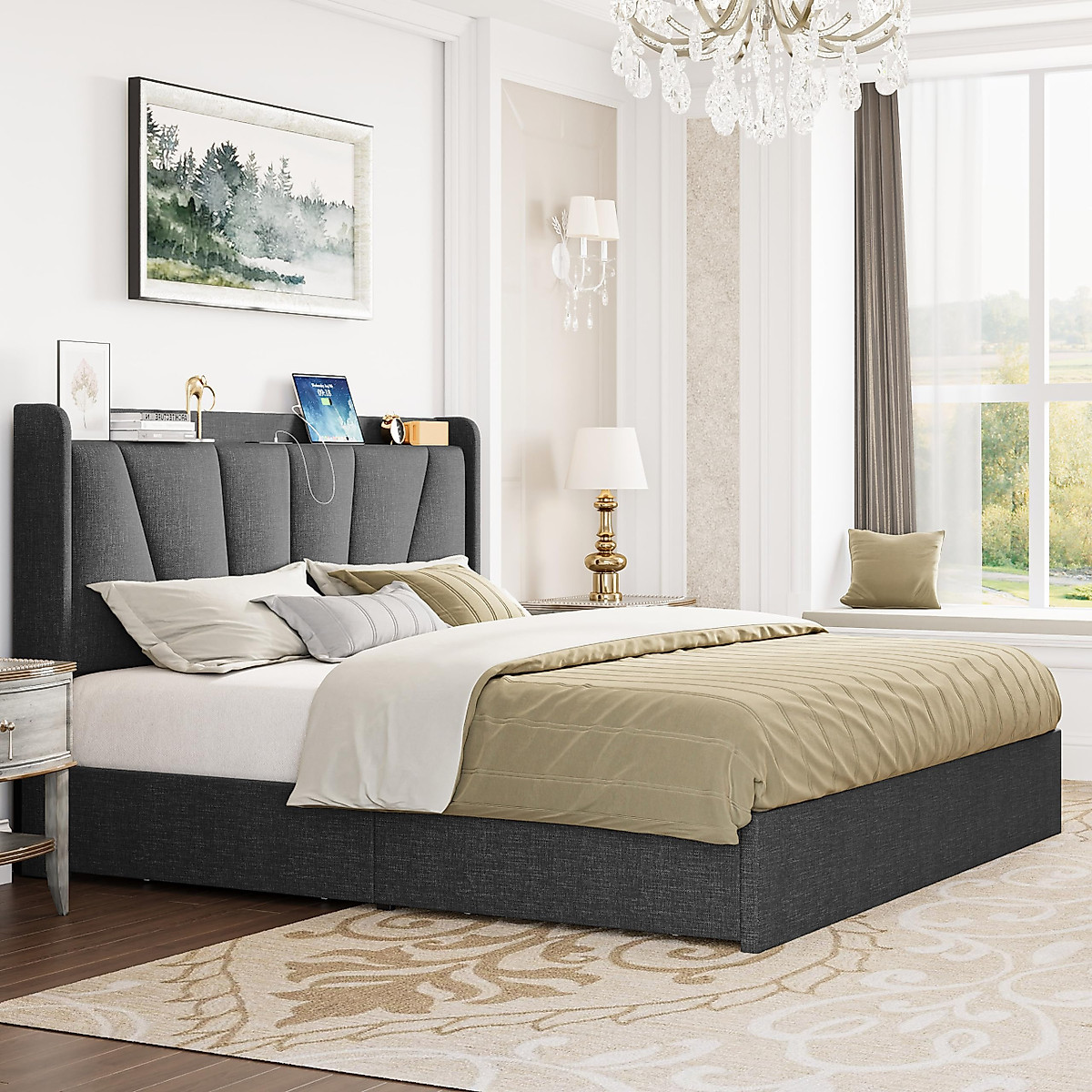 LIKIMIO King Bed Frame and Upholstered Headboard, Platform Bed with Storage Drawers and Outlets, Sturdy, Noiseless, No Box Spring Needed, Easy Assembly, Dark Gray