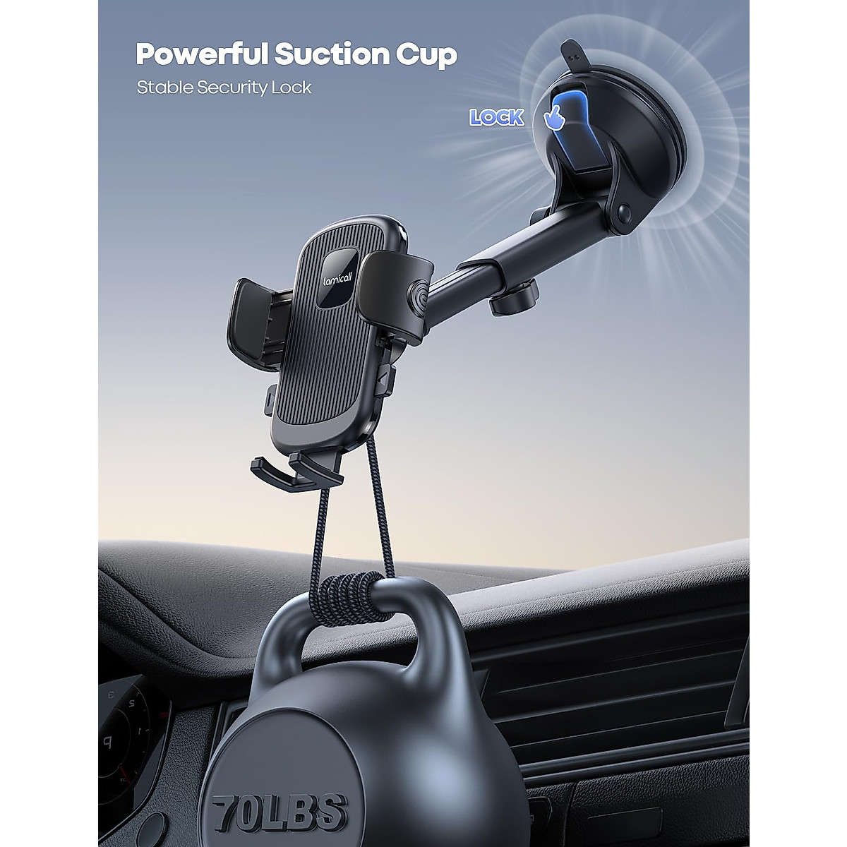 Lamicall Car Phone Holder - [Strongest Military-Grade Suction Cup] Phone Holders for Your Car Quick Release Adjustable Car Phone Mount Holder Dashboard for iPhone Samsung Smartphone Truck