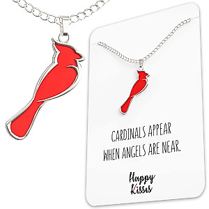 Happy Kisses Cardinal Necklace For Women – Cute Red & Silver Charm – Cardinals Appear When Angels Are Near Message Card