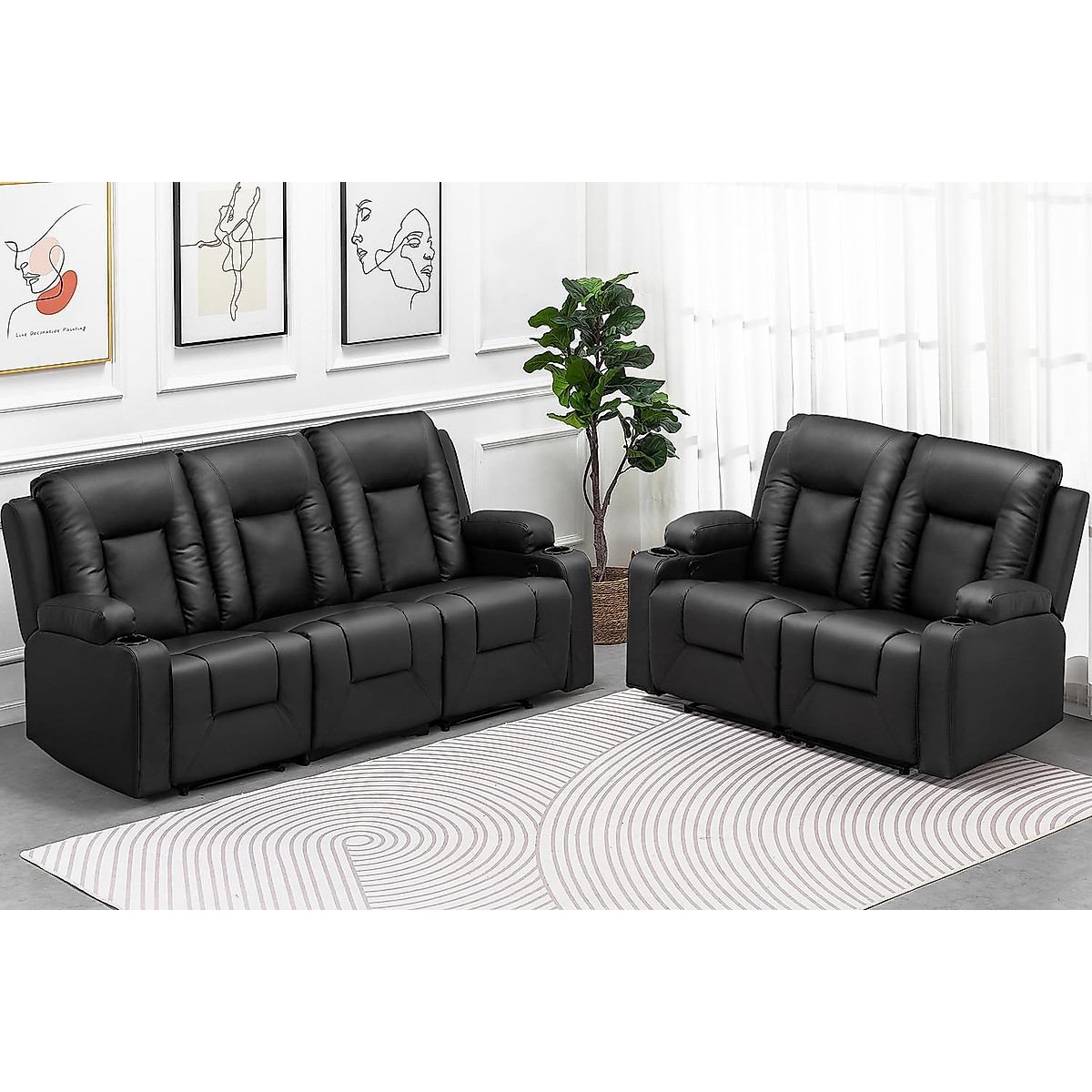 COMHOMA Recline Chair Set，Furniture 2PC Bonded Leather Recliner Set Living Room Set, Sofa, Loveseat（Black,Living Room Set3+2）