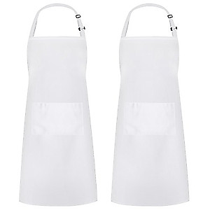 Syntus 2 Pack Adjustable Bib Apron Waterdrop Resistant with 2 Pockets Cooking Kitchen Aprons for BBQ Drawing, Women Men Chef, White