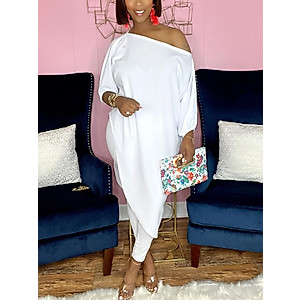 imbpceu Women's Fashion Two Piece Puff Sleeve Top Tights Sets Plus Size Solid Active Sweatsuit Set White 2XL