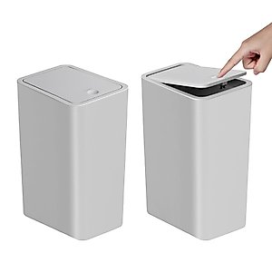 TIPGO Bathroom Trash Can with Lid, 10 Liter/ 2.6 Gallon Slim Garbage Can, Small Trash Bin Waste Basket with Pop-Up Lid for Kitchen, Bedroom, Living Room, Office (2 Pack, Grey)