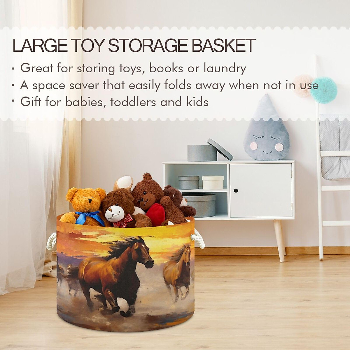 xigua Large Storage Basket Cotton Rope Basket Horse Farm Fence Pattern Baby Laundry Basket for Blankets Toys Storage Basket Laundry Hamper