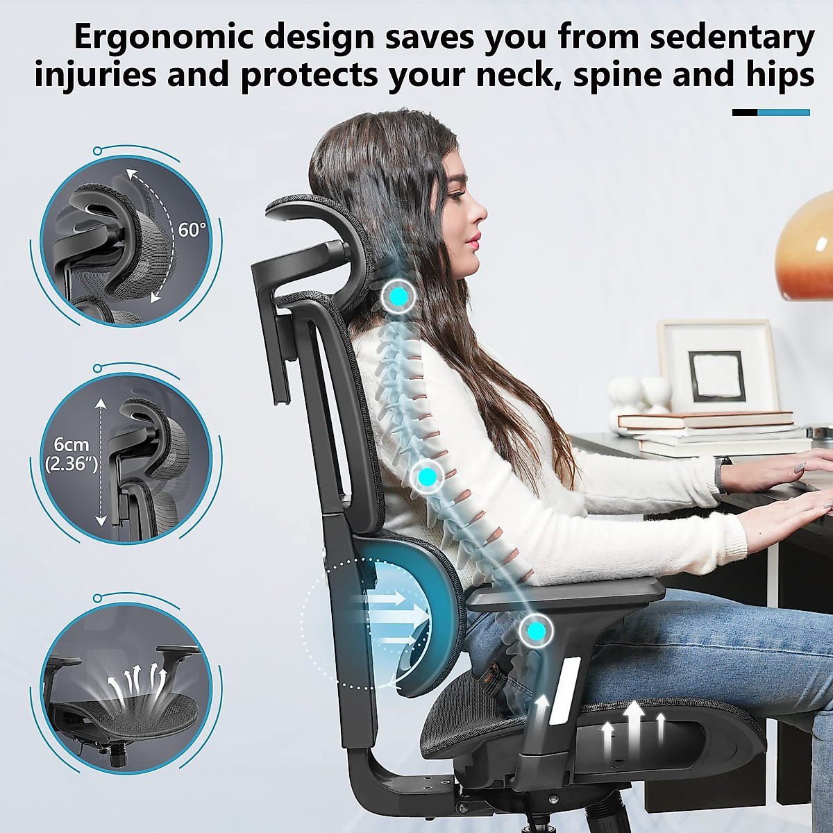 Primy Ergonomic Gaming Chair, Adjustable Lumbar Support, Breathable Mesh Seat, 360 Swivel, Black