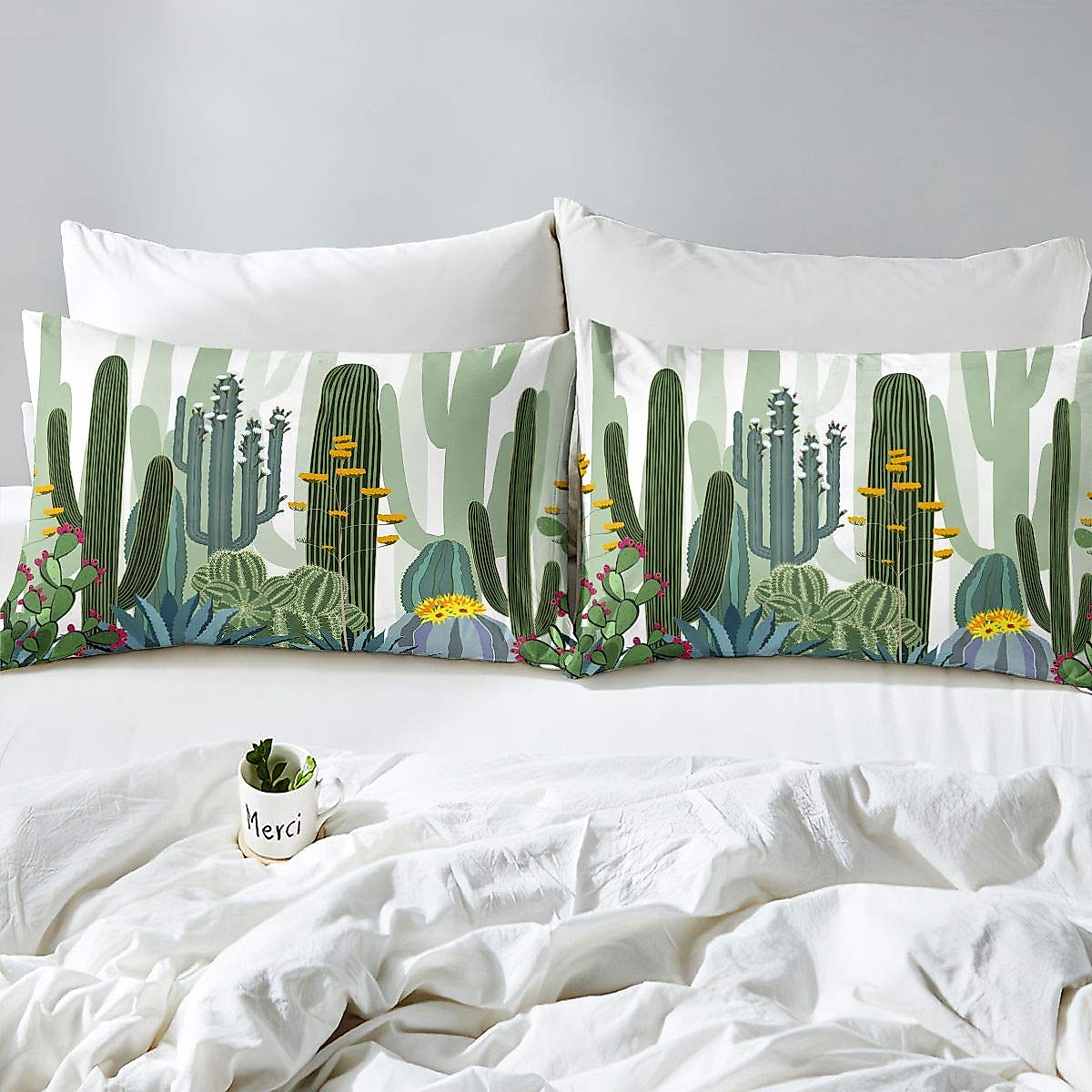 Erosebridal Cactus Duvet Cover Queen Prickly Pear Bedding Set Desert Plant Yellow Red Flower Quilt Cover Botanical Green Leaves Garden Style Comforter Cover, Decorative Soft Microfiber