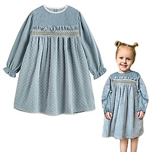 Curipeer Baby Girls Long Sleeve Lace Dress Smock Toddler Velvet Tulle Dress for Autumn and Spring Blue 12 Months