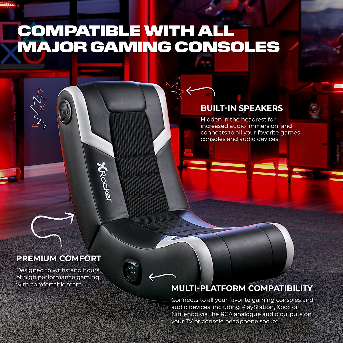 X Rocker Eclipse Video Gaming Floor Chair, Headrest Mounted Speakers, 2.0 Bluetooth, Wireless, 5110301, 31" x 27.5" x 16.5", Black and Silver