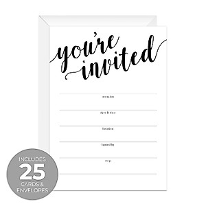 Canopy Street Black And White All Occasion Script Invitations / 25 Fill In General Use Invites / 5" x 7" Flat Modern Shower Party Or Event Invitation/Made In The USA