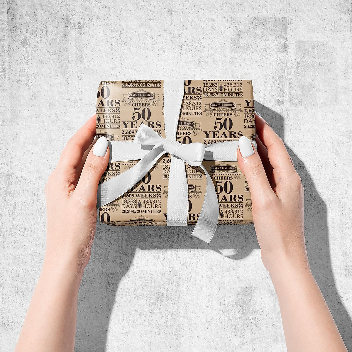 RUSPEPA Scented Kraft Wrapping Paper Roll - Mini Roll - Black 50 Years Design with Fragrance Great for Birthday, Party, Holiday - 17 inches x 16.4 feet - 50th Birthday