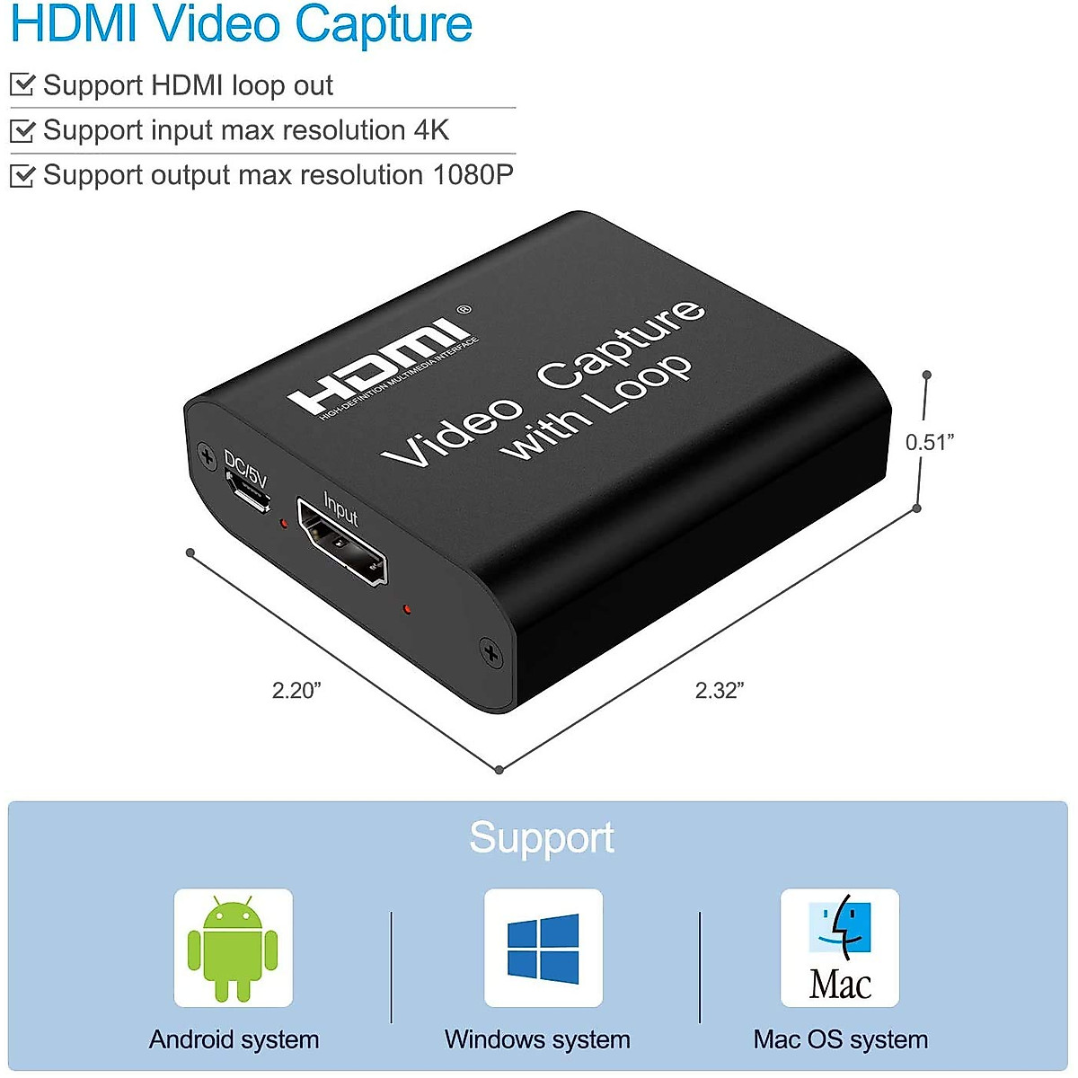 Rybozen Video Capture Cards with Loop Out, 1080P 60FPS USB 2.0 HDMI Capture Live Streaming, HDMI Capture for PS4, Nintendo Switch, Xbox One&Xbox 360