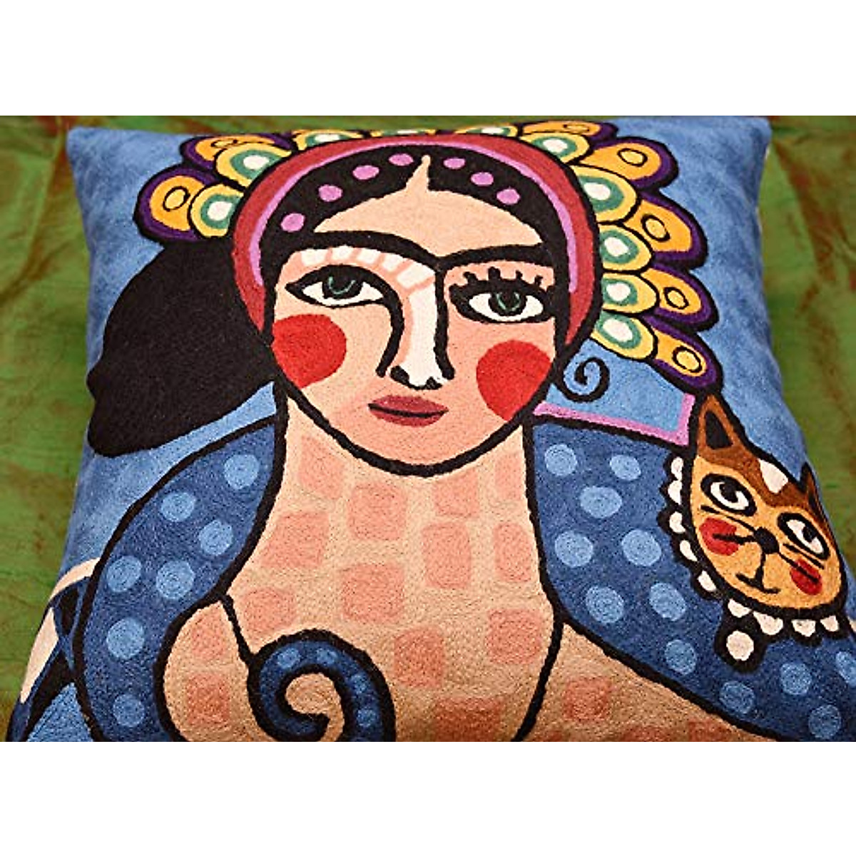 Kashmir Designs Bella Senorita Throw Pillow Cover | Mexican Art Pillow Hand Embroidered | Parrot Pillows | Blue Cat Pillow | Mexican Art Suzani Accent Pillow | Blue Couch Cushions | Wool Size - 18x18