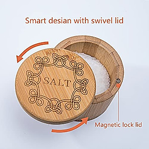 TENSITY Salt Box, Bamboo Storage Box with Magnetic Swivel Lid, Bamboo Seasonings Box with Mini Spoon (Celtic Knot)